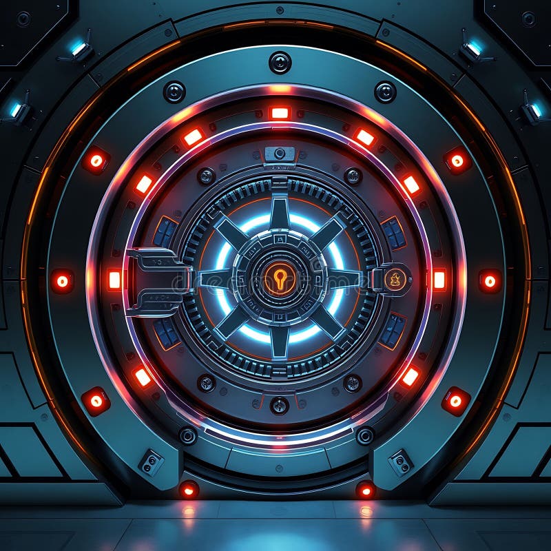 A Futuristic Vault Door with Glowing Symbols and Locks Stock ...