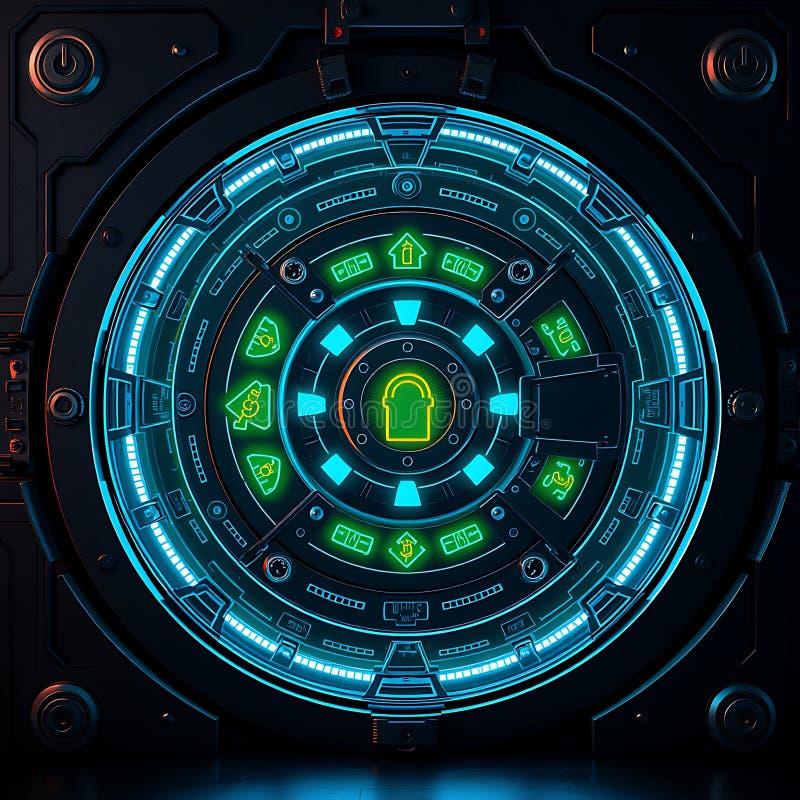 A Futuristic Vault Door with Glowing Symbols and Locks Stock ...