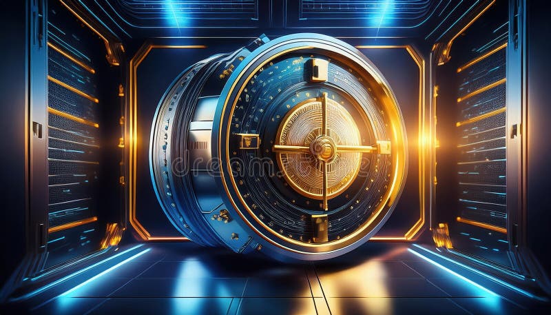 Futuristic Vault with Holographic Security Layers and Glowing Details ...