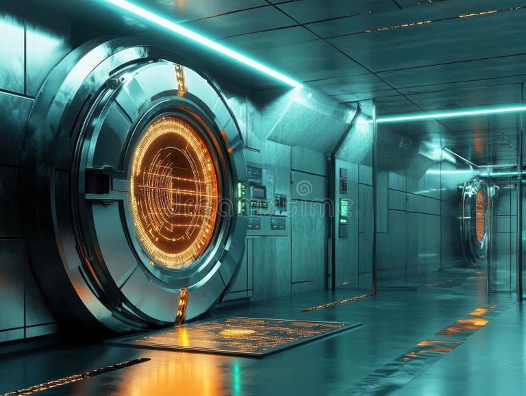 Futuristic Vault, Security and Technology in a Sci-Fi Corridor Stock ...