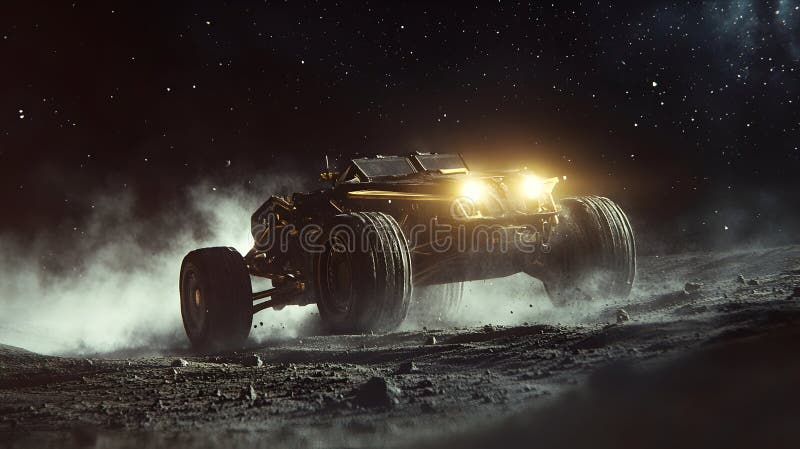 Futuristic Vehicle Exploring Moonlit Outer Space Terrain with Dust ...