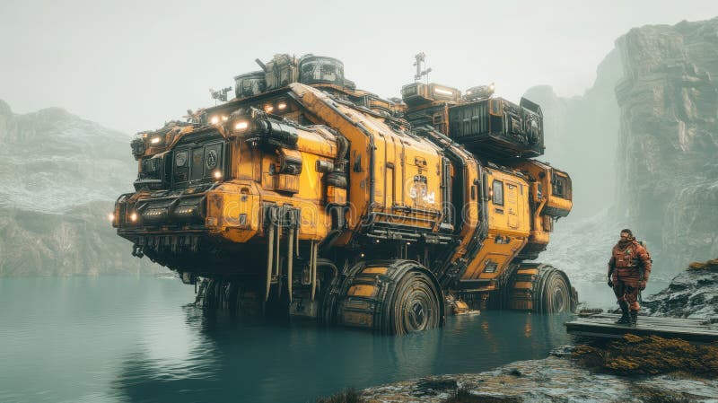 Futuristic Vehicle by Still Water in a Mountainous Landscape Stock ...