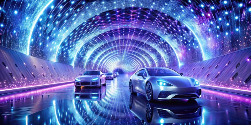 Futuristic Vehicles Driving through a Vibrant, Illuminated Tunnel of ...