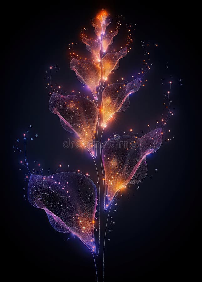 Vertical Fantasy Plant with Glowing Translucent Leaves and Sparkling ...