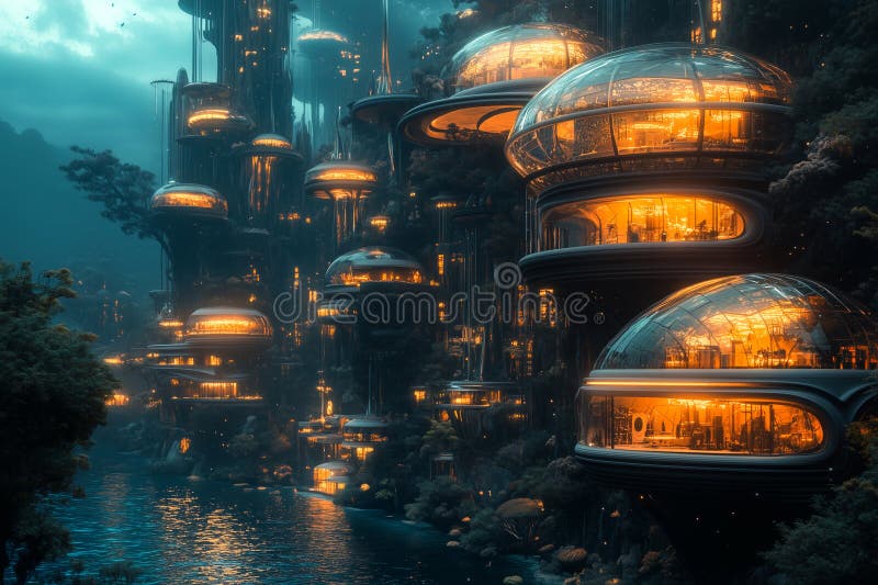 Futuristic Vertical City with Glowing Dome Structures Nestled in Nature ...