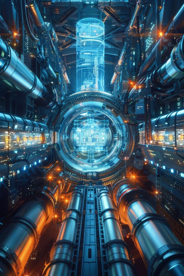 Futuristic Vertical Cityscape with Glowing Blue Lights and High-tech ...