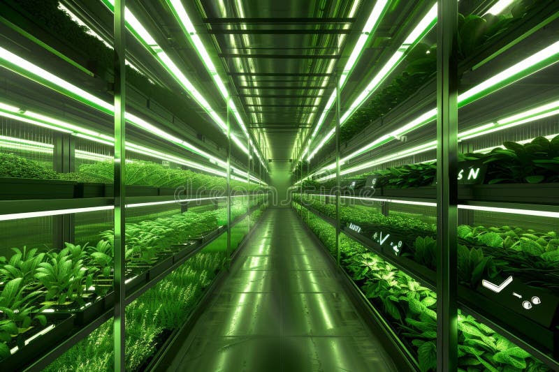 Futuristic Vertical Farm with Lush Green Plants Under Bright Artificial ...