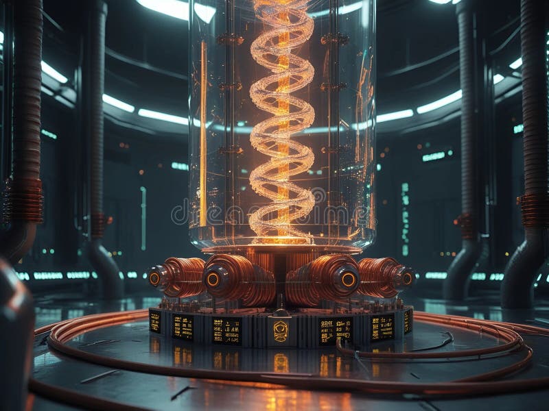 Futuristic Vertical Processing Core with Glowing Helix and Transparent ...