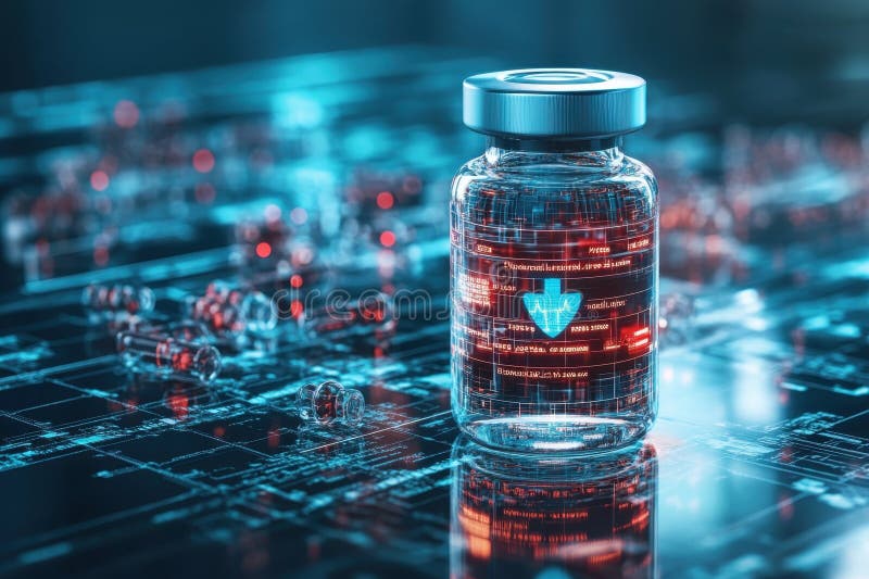 A Futuristic Vial with Glowing Data Labels on a Digital Matrix ...