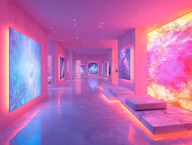 A Futuristic, Vibrantly Lit Interior Space with Large Digital Displays ...