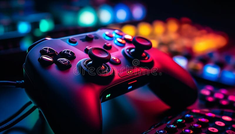 Futuristic Video Game Equipment Illuminated in Nightclub Generative AI ...