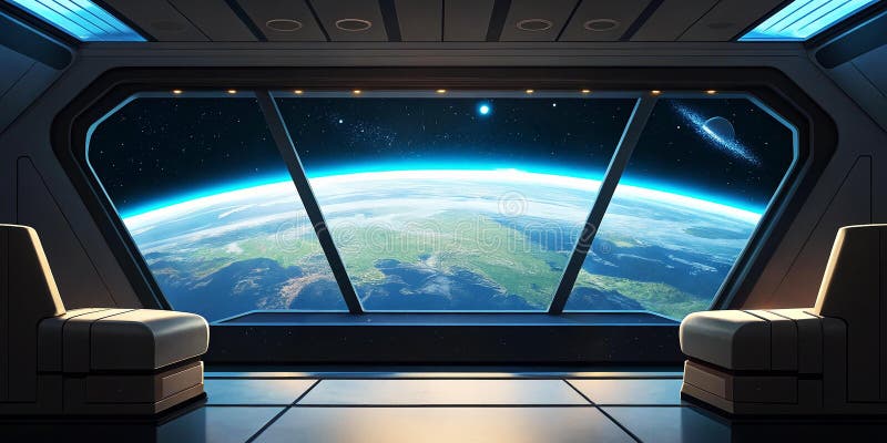 Futuristic View of Earth from a Spacecraft Cabin with Sleek Design ...