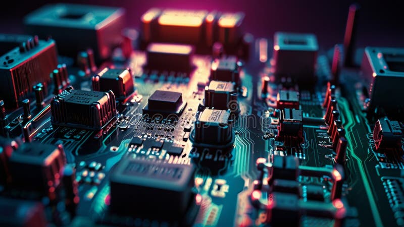 Neon-Lit Computer Motherboard with Circuit Tracks and Chips Stock Photo ...