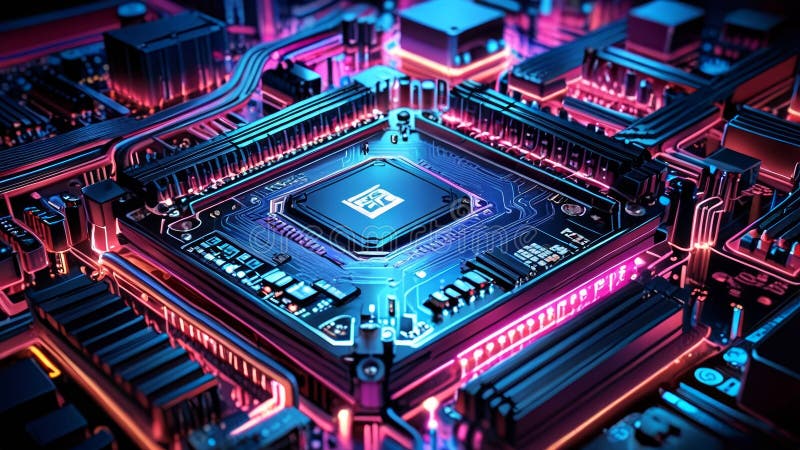 Neon-Lit Computer Motherboard with Circuit Tracks and Chips Stock Photo ...