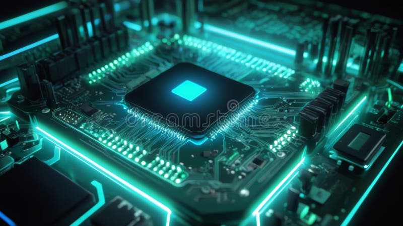 Neon-Lit Computer Motherboard with Circuit Tracks and Chips Stock Photo ...