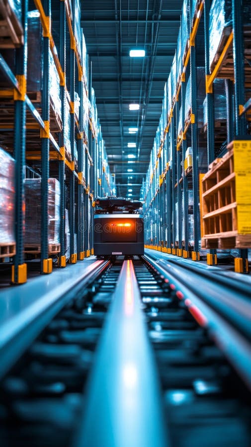 A Futuristic View of a Warehouse with Automated Track Systems. Shelves ...