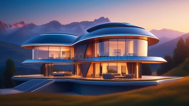 Futuristic Villa in the Mountains in Spring Evening with Lights on and ...