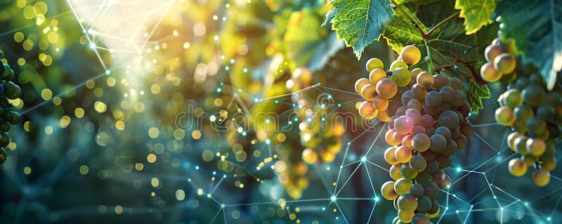 Futuristic Vineyard with Grapevines and Digital Network Connections in ...
