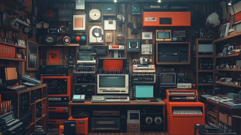 Futuristic and Vintage Tech Devices Display in Museum Stock Photo ...