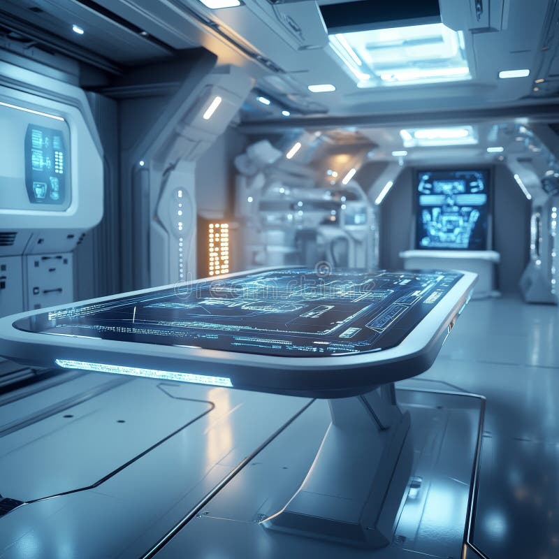 Futuristic Virtual Graphic Touch User Interface on Blue Spaceship Interior 3D Rendering Stock ...