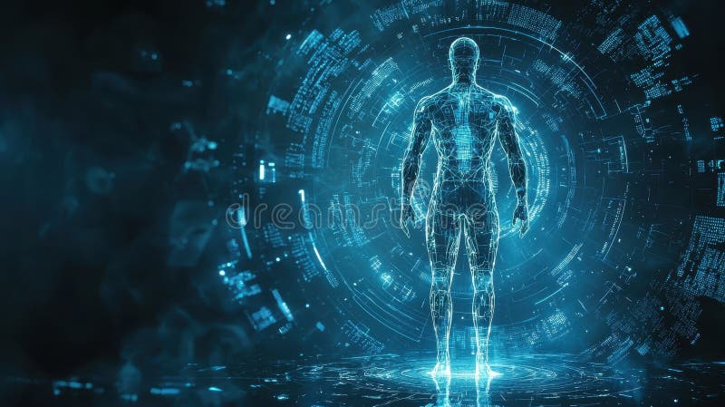 Futuristic Virtual Human Interface in a Digital Realm - Rear View ...