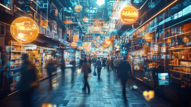 Futuristic Virtual Marketplace with Digital Elements and Interaction ...