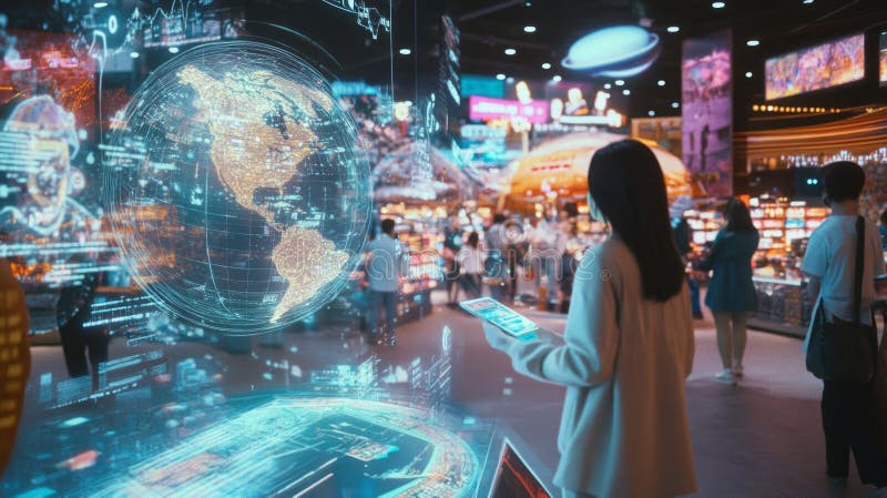 Futuristic Virtual Marketplace with Interactive Technology Elements ...