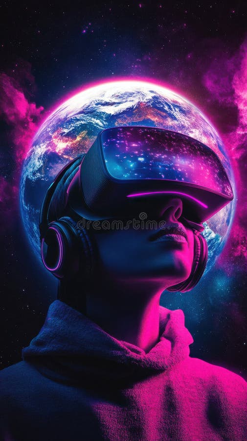 Futuristic Virtual Reality Experience Against Cosmic Backdrop Stock ...