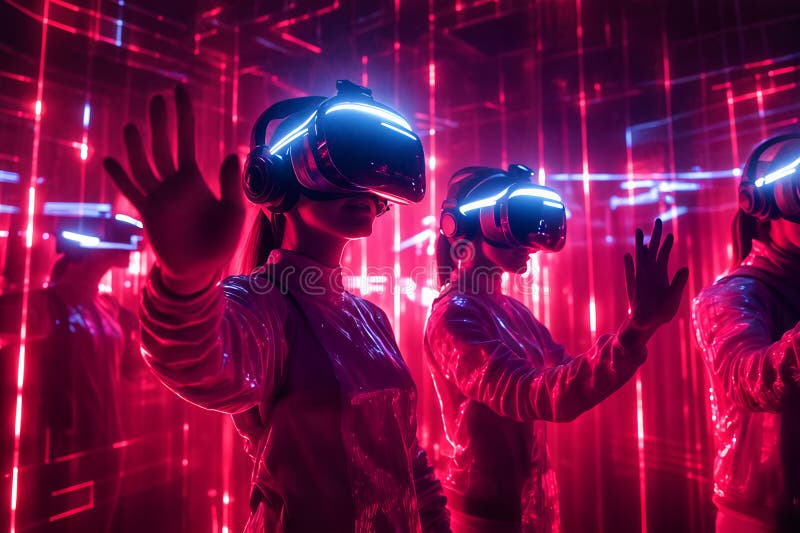 Futuristic Virtual Reality Experience: People Immersed in Neon Glowing ...