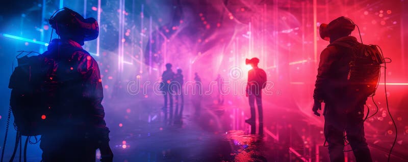 Futuristic Virtual Reality Experience with People in Neon Lit ...