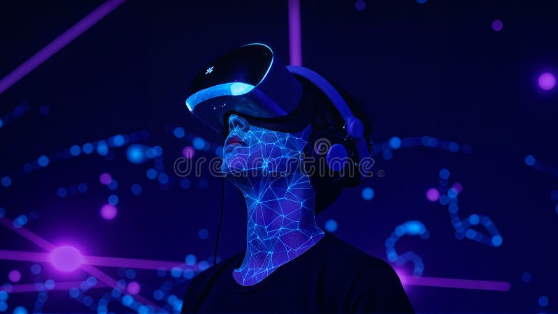 Futuristic Virtual Reality Experience with Young Woman Wearing Vr ...
