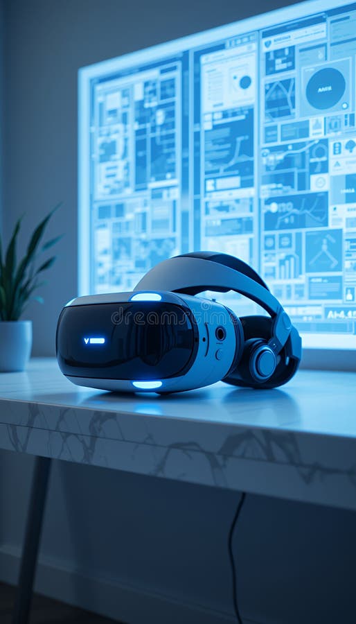Futuristic Virtual Reality Headset on Modern Desk with Blue Data Screen ...