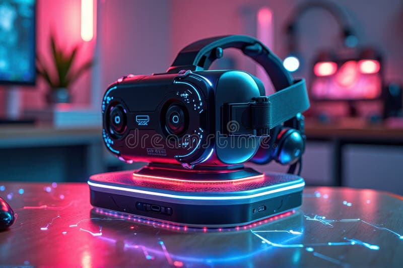 Futuristic Virtual Reality Headset in Neon-lit Gaming Setup Stock Photo ...