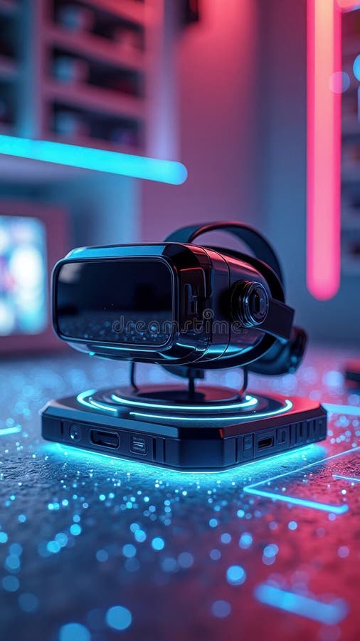 Futuristic Virtual Reality Headset on Neon Platform in Tech Room Stock ...