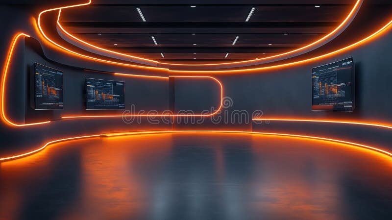 Futuristic Virtual Studio Background with Curved Walls, Orange Neon ...