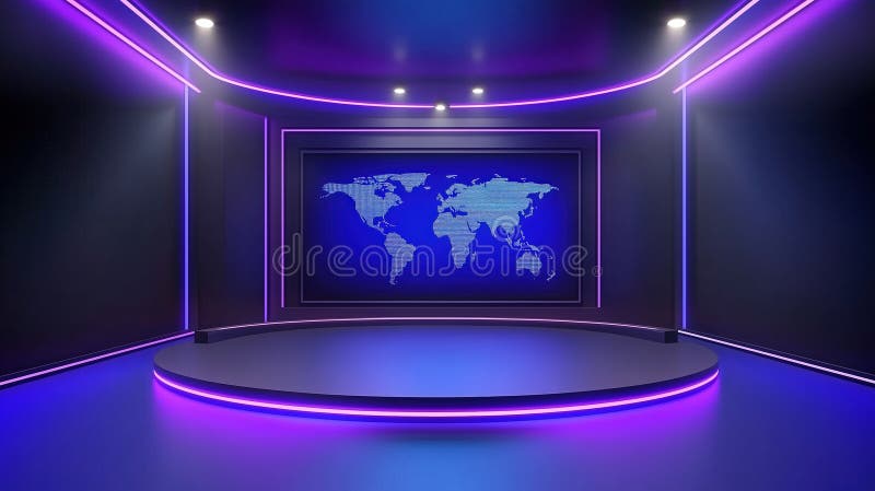 Virtual News Studio with Illuminated Digital World Map and Futuristic ...