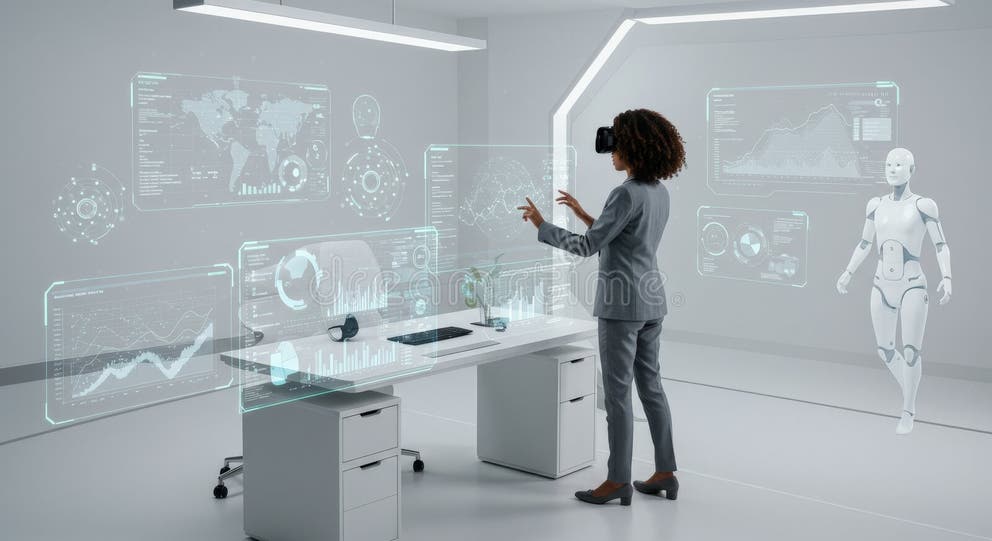 Futuristic Virtual Workspace with AR Stock Illustration - Illustration ...