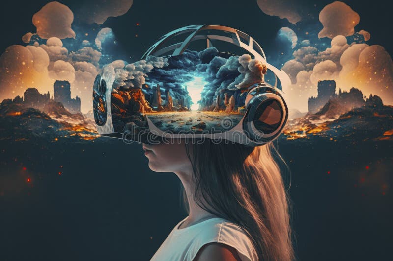 Futuristic Virtual World with Double Exposure VR Headset Stock ...