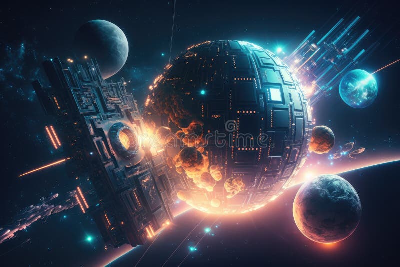 Futuristic Virtual World Technological Cyber Space with Planets and ...