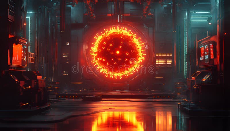 Futuristic Virus Concept in Sci-fi Corridor with Glowing Digital ...