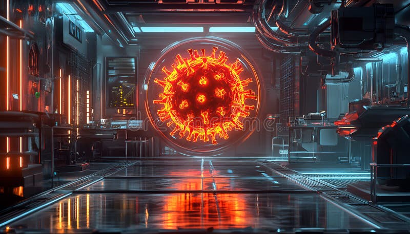 Futuristic Virus Concept in Sci-fi Corridor with Glowing Digital ...