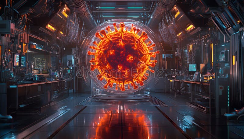Futuristic Virus Concept in Sci-fi Corridor with Glowing Digital ...