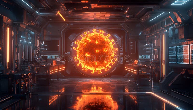Futuristic Virus Concept in Sci-fi Corridor with Glowing Digital ...