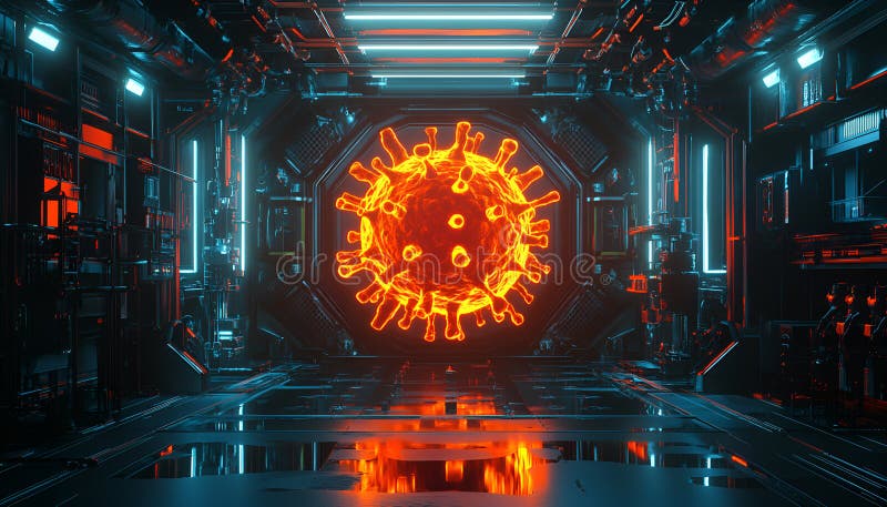 Futuristic Virus Concept in Sci-fi Corridor with Glowing Digital ...