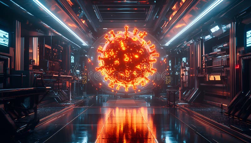 Futuristic Virus Concept in Sci-fi Corridor with Glowing Digital ...