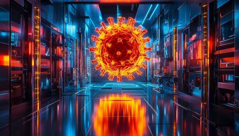 Futuristic Virus Concept in Sci-fi Corridor with Glowing Digital ...