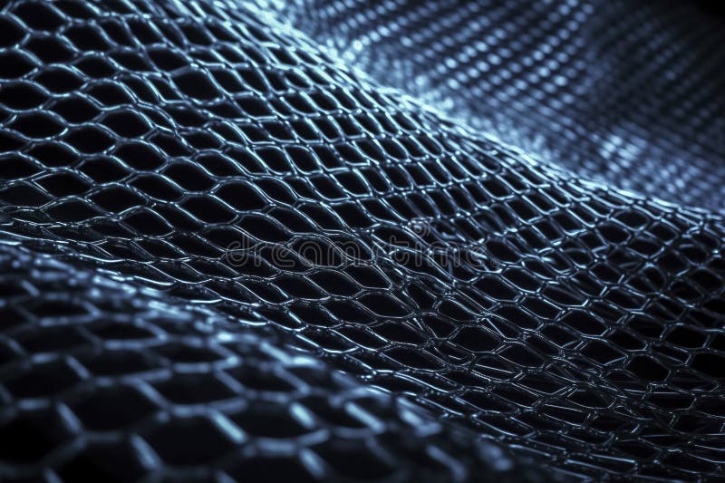 Futuristic Vision: Close-Up of a Blue Metallic Mesh Surface with a Sci ...