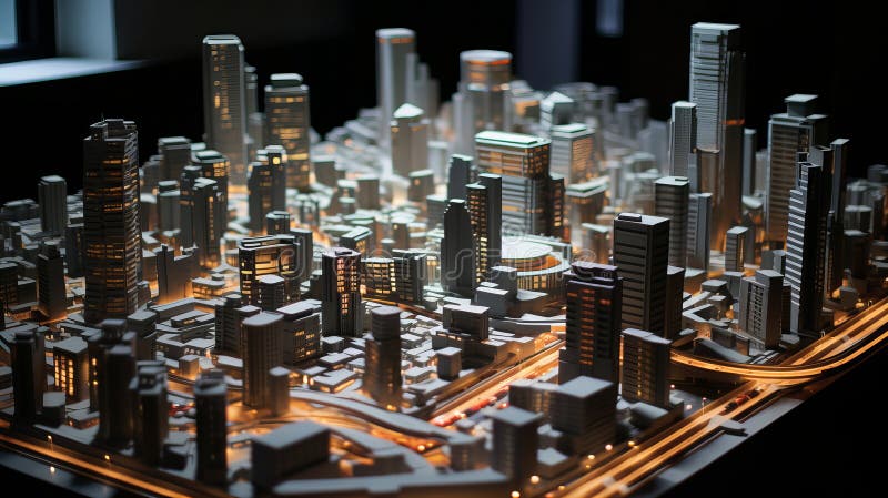 Modern, Night Time Downtown 3D Model of Urban Development. AI Generated ...