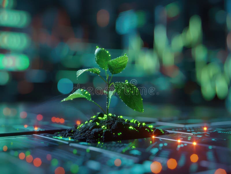 Digital Integration of Nature and Technology a Growing Plant Amidst a ...