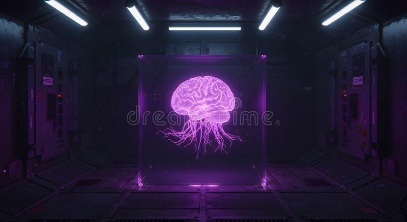 A Futuristic Vision: Glowing Brain in Glass Cube within a Sci-Fi ...